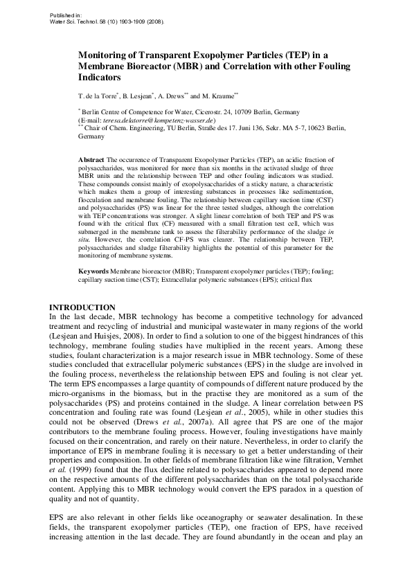 (PDF) Monitoring of transparent exopolymer particles (TEP) in a ...