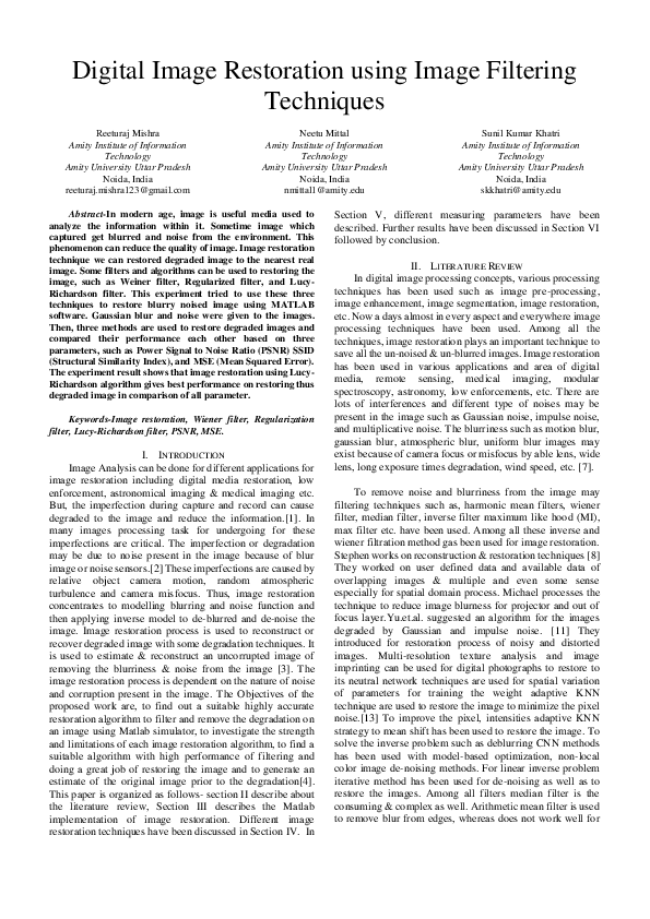 (PDF) Digital Image Restoration using Image Filtering Techniques
