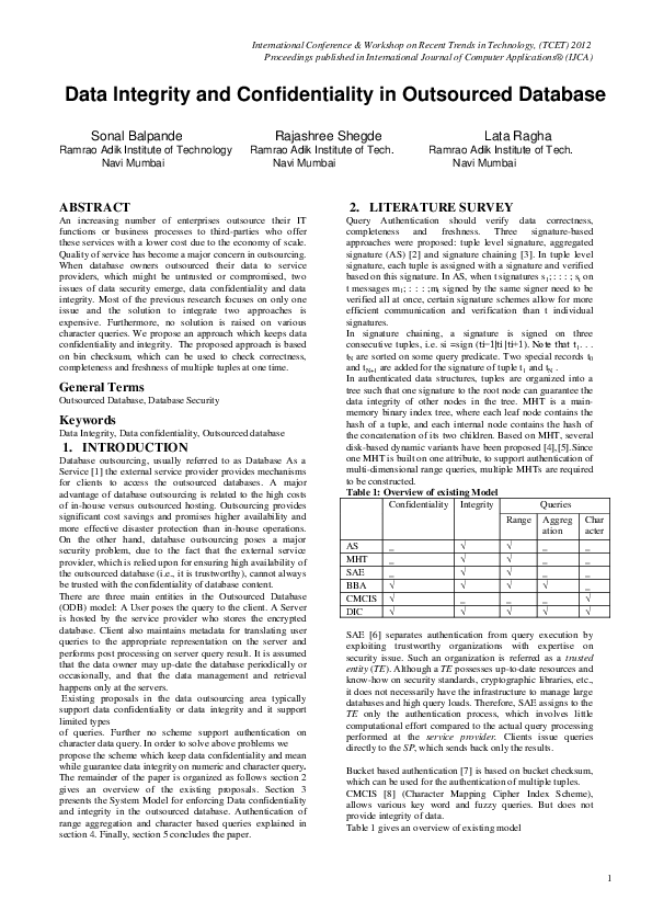 (PDF) Data Integrity and Confidentiality in Outsourced Database