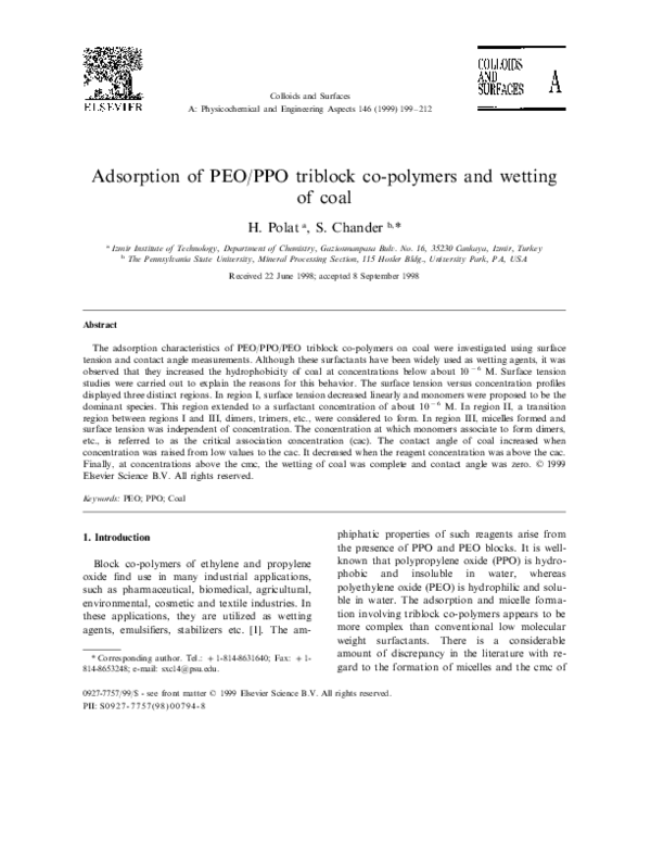 (PDF) Adsorption of PEO/PPO triblock co-polymers and wetting of coal