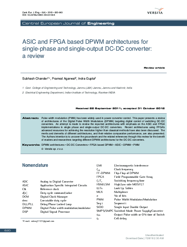 Pdf Asic And Fpga Based Dpwm Architectures For Single Phase And Single Output Dc Dc Converter