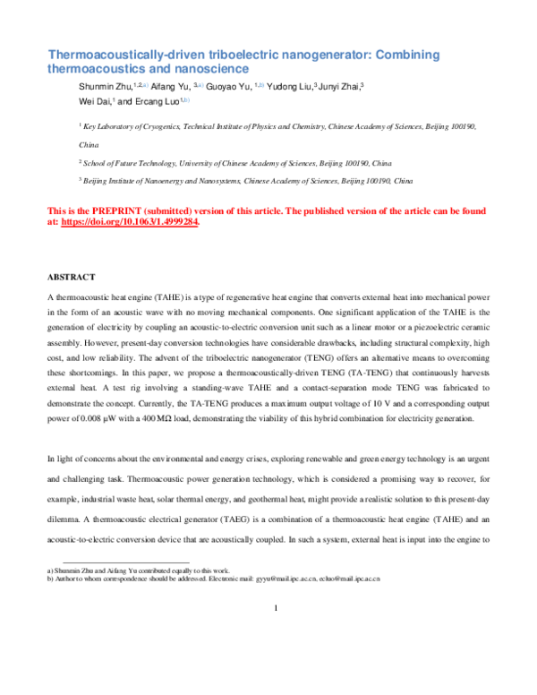 (PDF) Thermoacoustically driven triboelectric nanogenerator: Combining thermoacoustics and ...