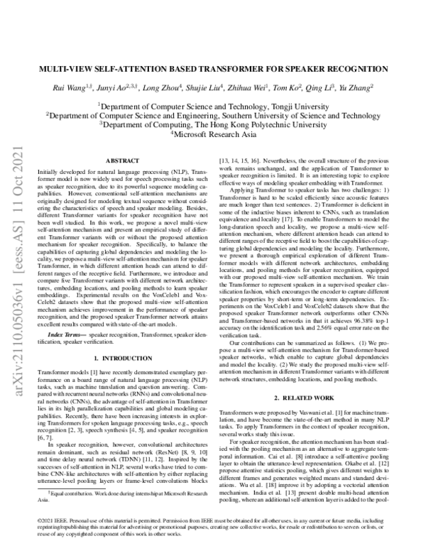 Pdf Multi View Self Attention Based Transformer For Speaker Recognition