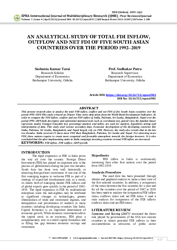 (PDF) An Analytical Study of Total Fdi Inflow, Outflow and Net Fdi of ...