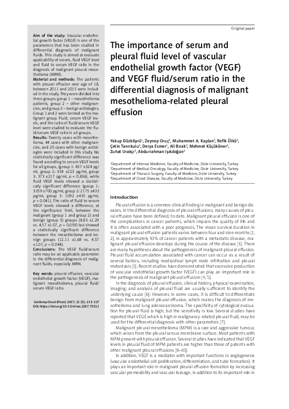 (PDF) VEGF Ratio's Role in Mesothelioma Diagnosis