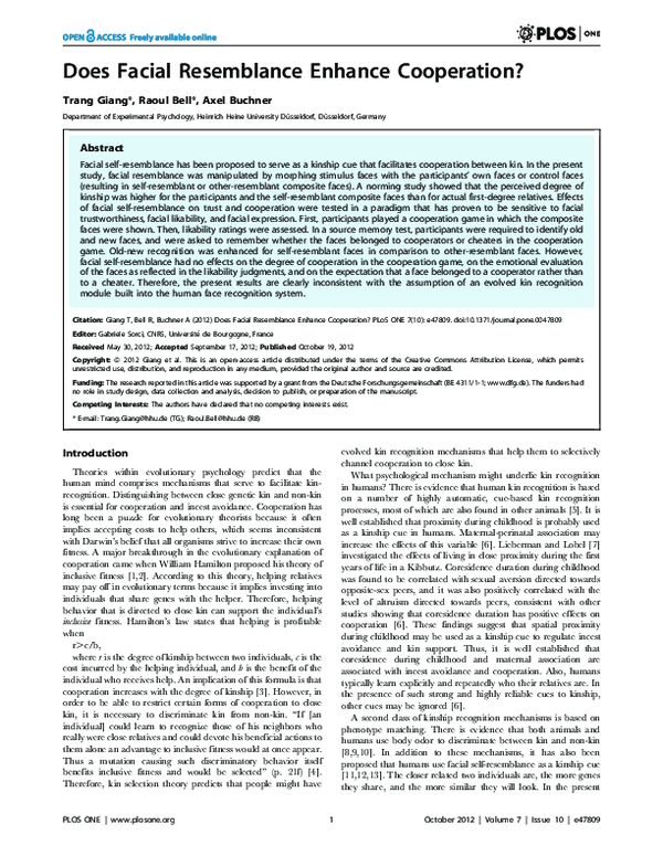 (PDF) Does Facial Resemblance Enhance Cooperation?
