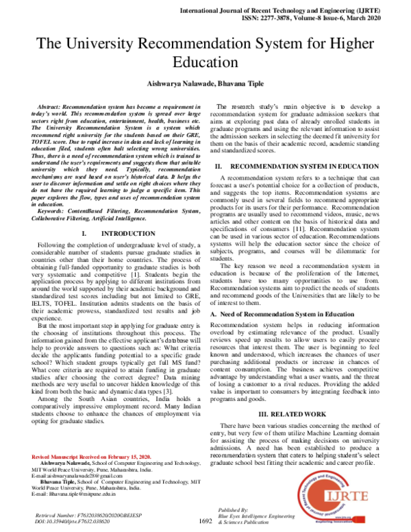 (PDF) The University Recommendation System for Higher Education