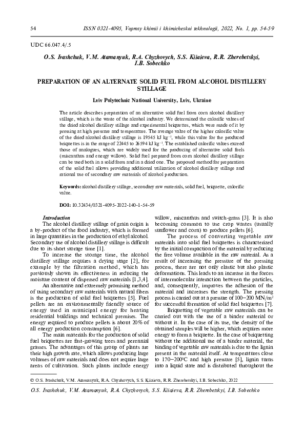 (PDF) Preparation of an alternate solid fuel from alcohol distillery ...