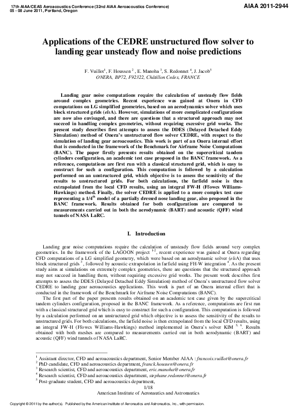 Pdf Applications Of The Cedre Unstructured Flow Solver To Landing Gear Unsteady Flow And Noise