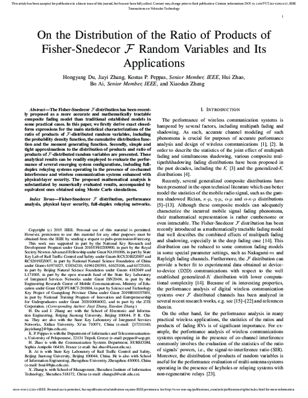 (PDF) On the Distribution of the Ratio of Products of Fisher-Snedecor ...