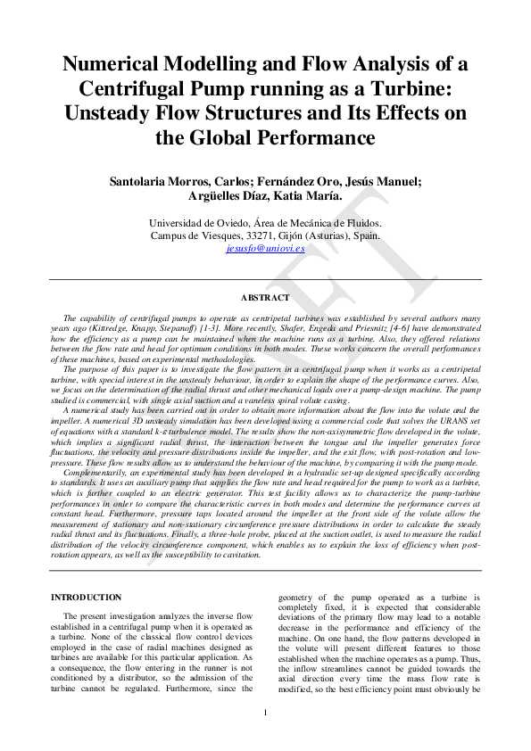 (PDF) Numerical modelling and flow analysis of a centrifugal pump running as a turbine: Unsteady ...