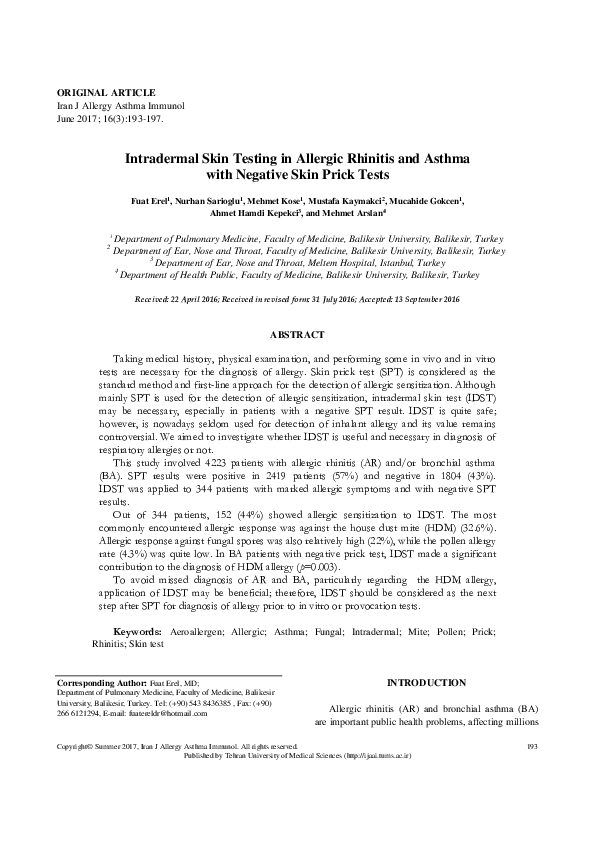 (PDF) Intradermal Skin Testing in Allergic Rhinitis and Asthma with ...