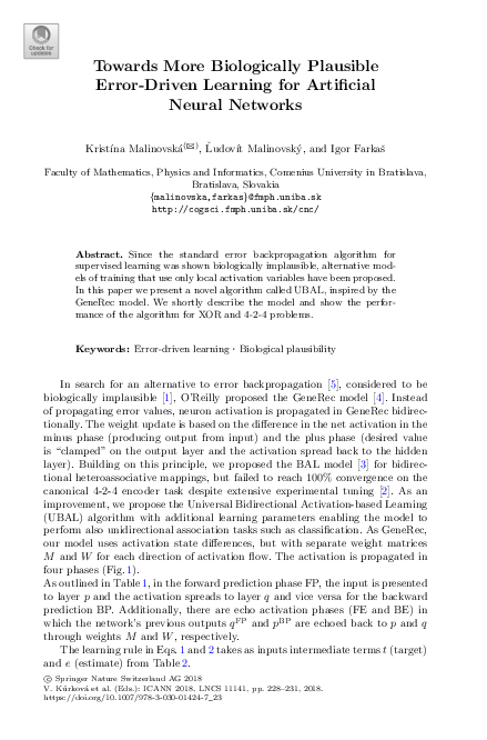 (PDF) Towards More Biologically Plausible Error-Driven Learning for Artificial Neural Networks