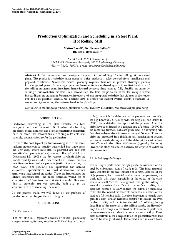 (PDF) Production Optimization and Scheduling in a Steel Plant: Hot ...