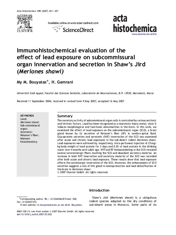 (PDF) Lead Exposure Effects on Subcommissural Organ in Shaw's Jird