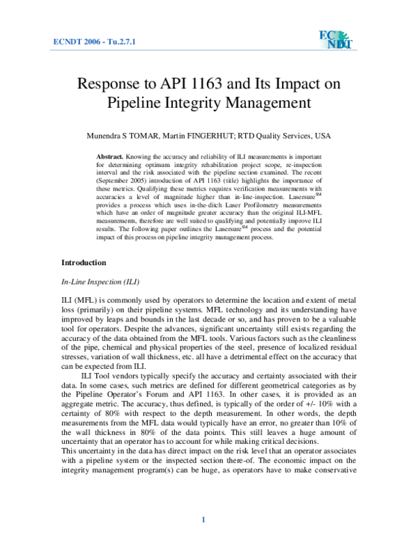 (PDF) ECNDT 2006- Tu.2.7.1 Response to API 1163 and Its Impact on ...