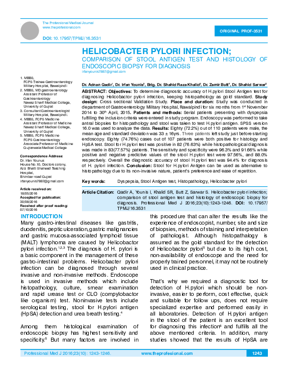 (PDF) Helicobacter Pylori Infection; Comparison of Stool Antigen Test ...