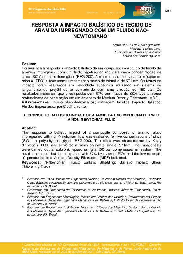(PDF) Resposta a Impacto Balístico De Tecido De Aramida Impregnado Com ...