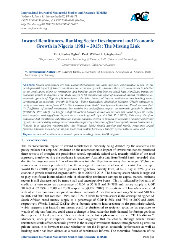 (PDF) Inward Remittances, Banking Sector Development and Economic Growth in Nigeria (1981 – 2015 ...