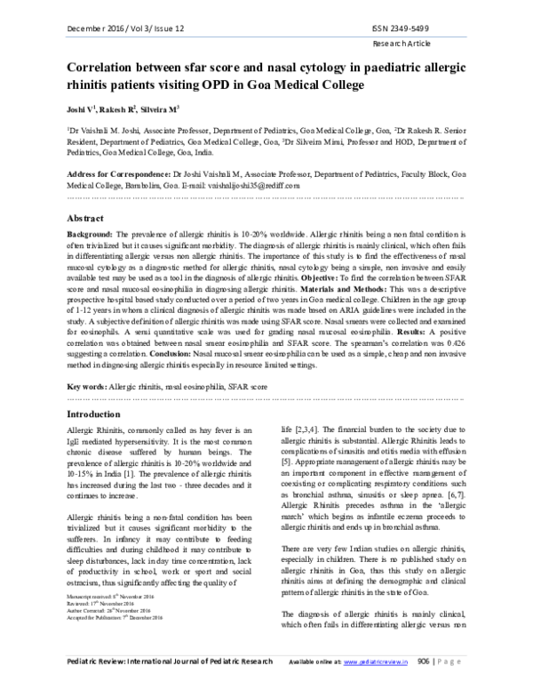 (PDF) Correlation between sfar score and nasal cytology in paediatric ...