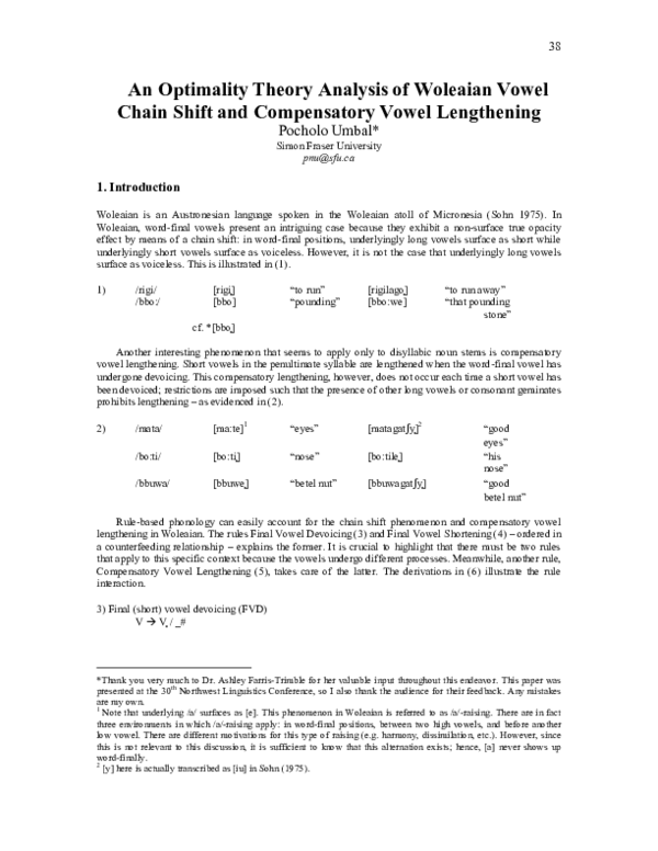 (PDF) An Optimality Theory Analysis of Woleaian Vowel Chain Shift and ...