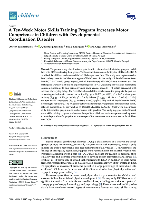 (PDF) A Ten-Week Motor Skills Training Program Increases Motor ...