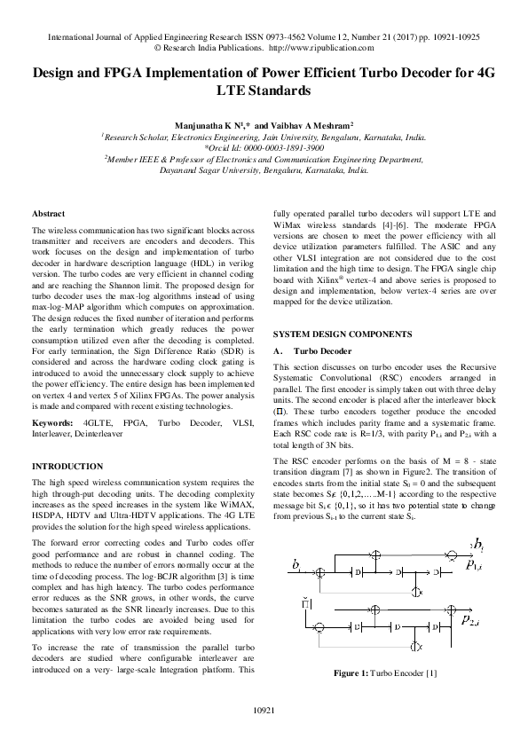 Pdf Design And Fpga Implementation Of Power Efficient Turbo Decoder For 4 G Lte Standards