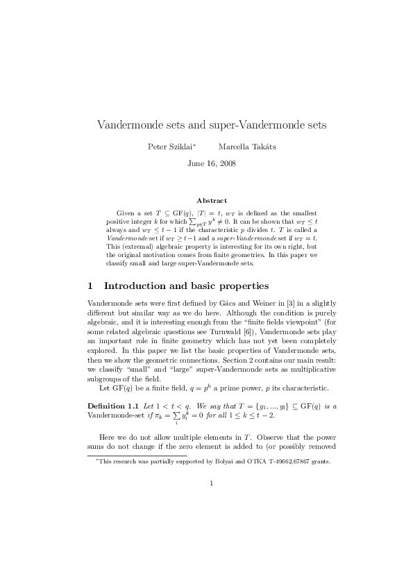 (PDF) Vandermonde sets and super-Vandermonde sets