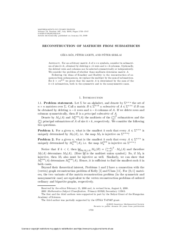 (PDF) Reconstruction of matrices from submatrices (PDF) Reconstruction of matrices from submatrices
