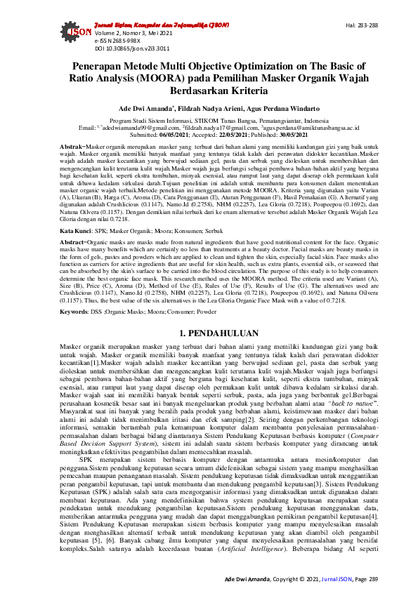 Pdf Penerapan Metode Multi Objective Optimization On The Basic Of Ratio Analysis Moora Pada