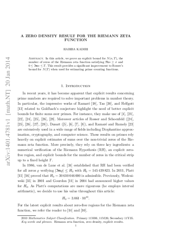 (PDF) A zero density result for the Riemann zeta function