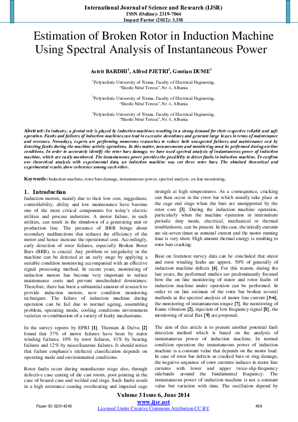Pdf Estimation Of Broken Rotor In Induction Machine Using Spectral Analysis Of Instantaneous