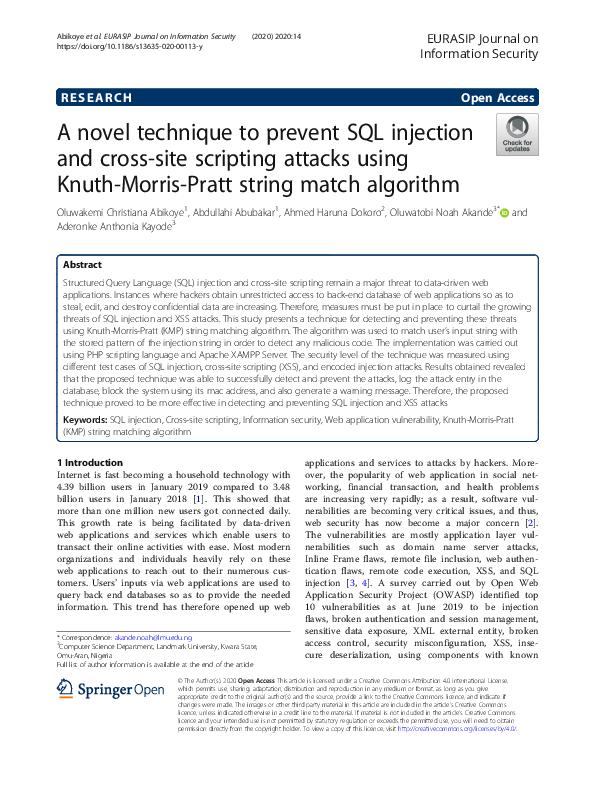 (PDF) A novel technique to prevent SQL injection and cross-site scripting attacks using Knuth ...