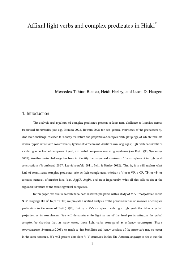 (PDF) Affixal light verbs and complex predicates in Hiaki