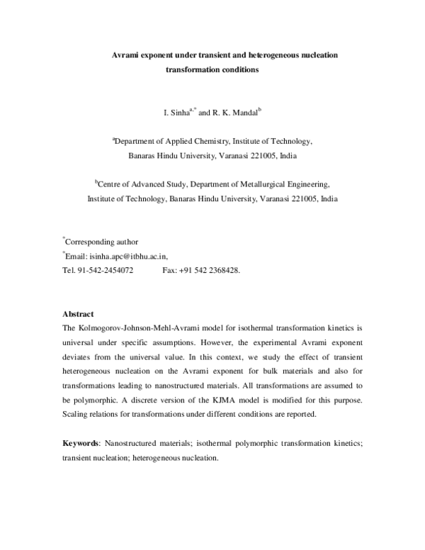 (PDF) Avrami Exponent Under Transient and Heterogeneous Nucleation ...