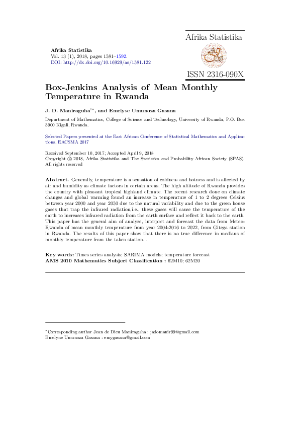 (PDF) Box-Jenkins Analysis of Mean Monthly Temperature in Rwanda