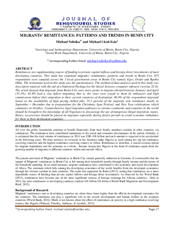 (PDF) Migrants’ Remittances: Patterns and Trends in Benin City