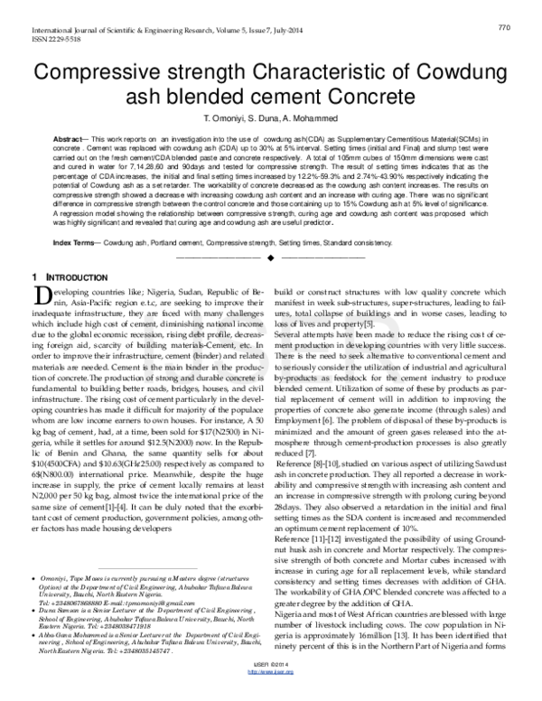 (PDF) Compressive strength Characteristic of Cowdung ash blended cement ...