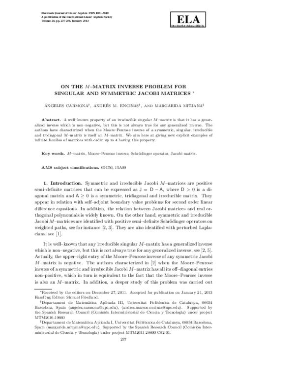 Pdf The M Matrix Inverse Problem For Singular And Symmetric Jacobi