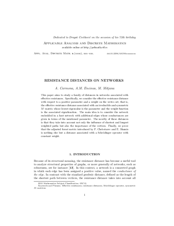 (PDF) Resistance distances on networks