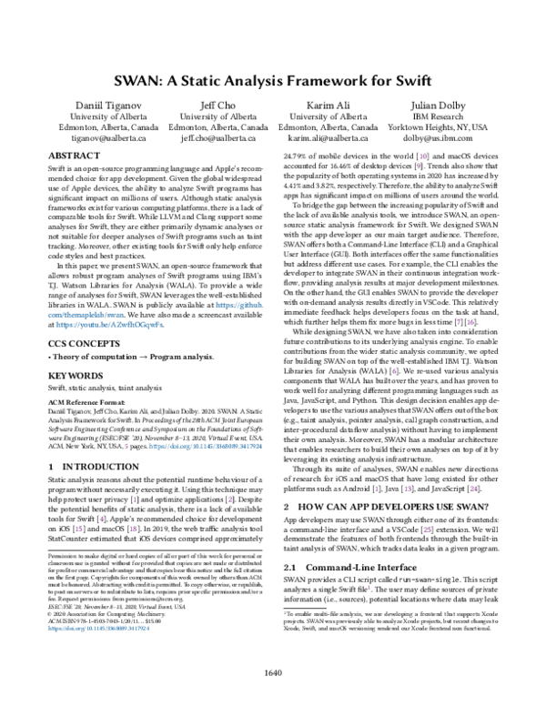 Pdf Swan A Static Analysis Framework For Swift Julian Dolby 