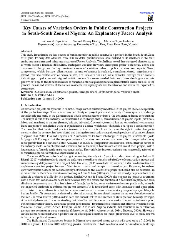 (PDF) Key Causes of Variation Orders in Public Construction Projects in ...
