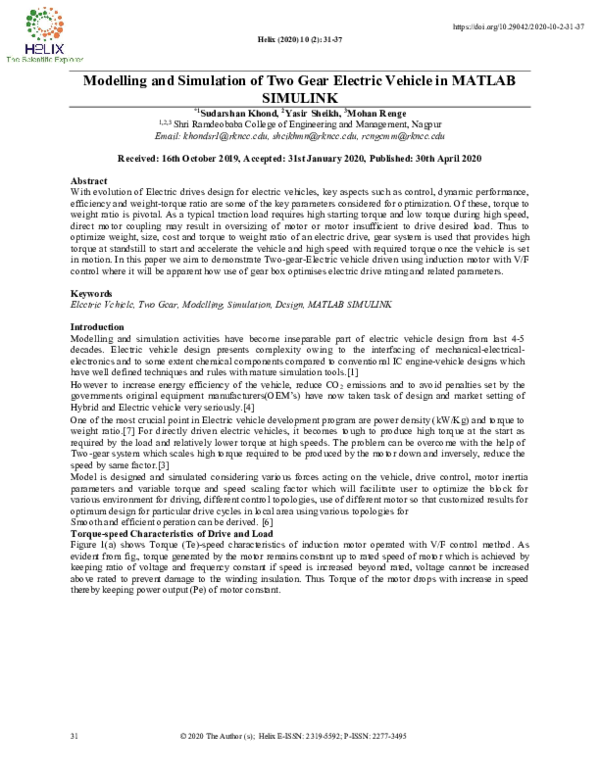 (PDF) Modelling and Simulation of Two Gear Electric Vehicle in MATLAB ...