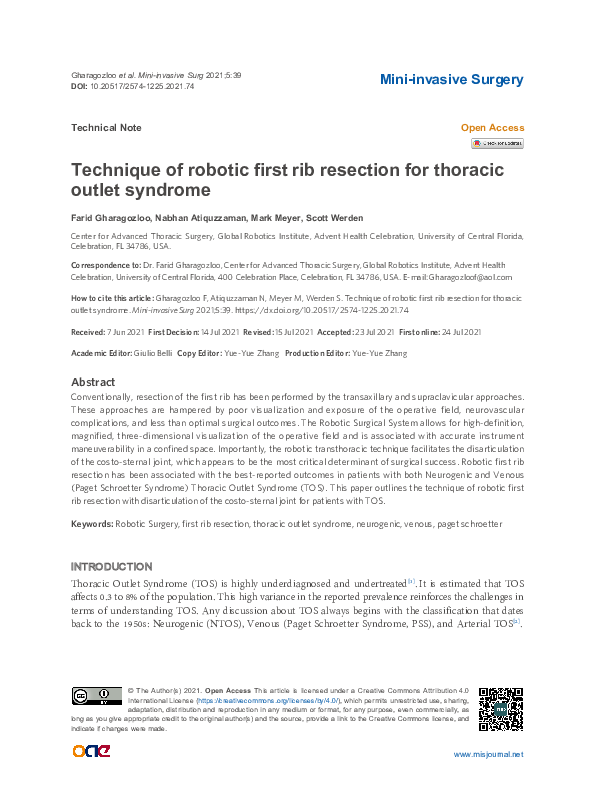 (PDF) Technique of robotic first rib resection for thoracic outlet syndrome