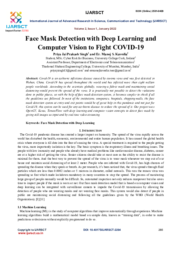 (PDF) Face Mask Detection with Deep Learning and Computer Vision to ...