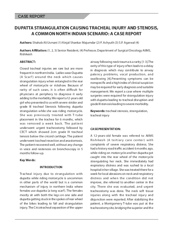 (PDF) Dupatta Strangulation Causing Tracheal Injury and Stenosis, a ...