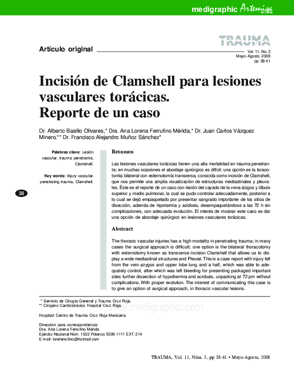 (PDF) Incisión de Clamshell para lesiones vasculares torácicas. Reporte ...