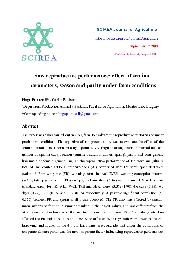 (PDF) Sow reproductive performance: effect of seminal parameters, season and parity under farm ...