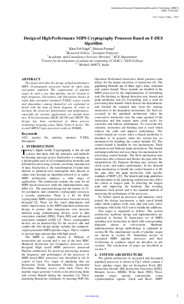 Pdf Design Of High Performance Mips Cryptography Processor Based On T