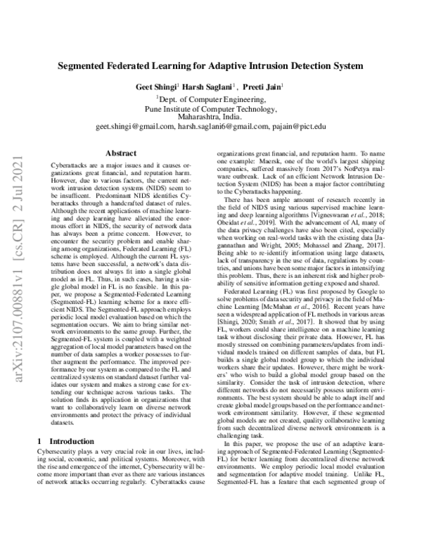 (PDF) Segmented Federated Learning for Adaptive Intrusion Detection System (PDF) Segmented Federated Learning for Adaptive Intrusion Detection System